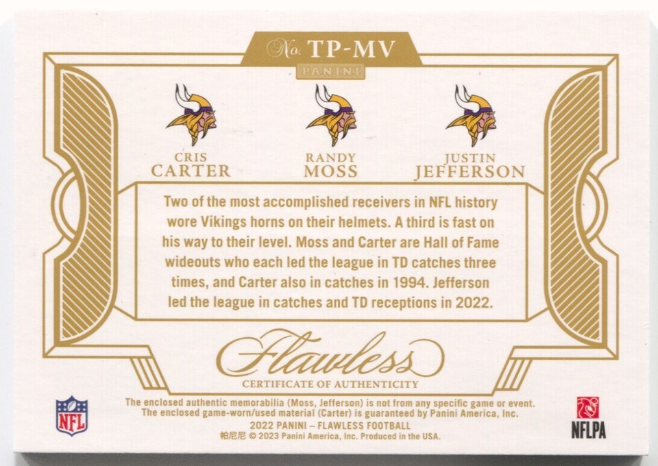 2022 Panini Flawless Cris Carter Randy Moss Justin Jefferson Triple ...