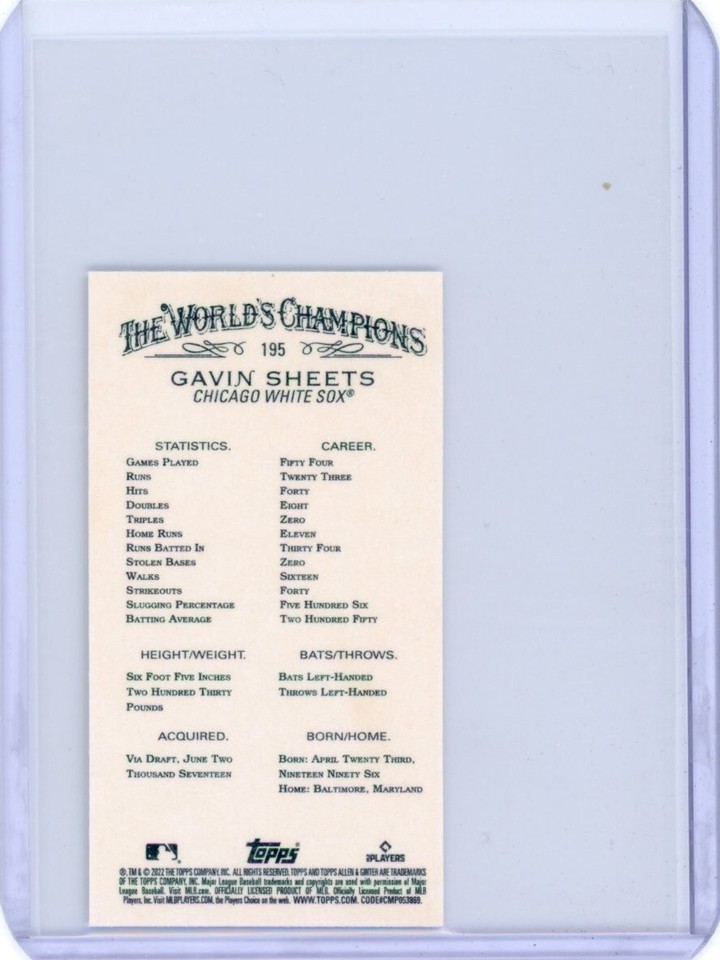 2022 Allen & Ginter Gavin Sheets Rookie RC Mini - Chicago White Sox ...