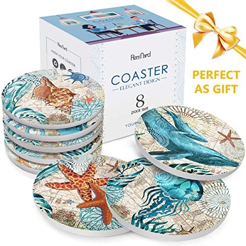 Absorbent Coasters Stone Coaster Set of 8 Cork Base with Holder Beach ...