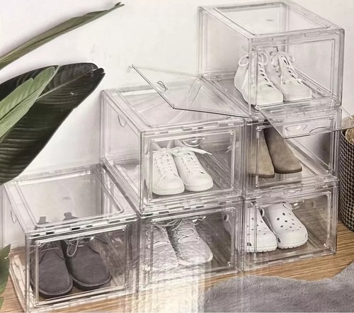 Stackable Shoe Box Organizer 4 Pack Clear Plastic - Front & Side Door ...