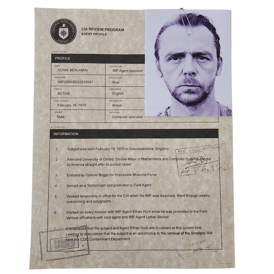 Mission Impossible Agent Profile documents for prop or display, Wall ...