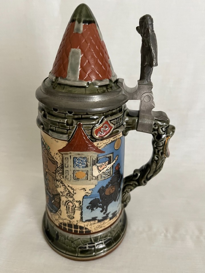 Antique German etched METTLACH Stein No. 2382, Thirsty Rider 1/2 L, Castle Top | eBay