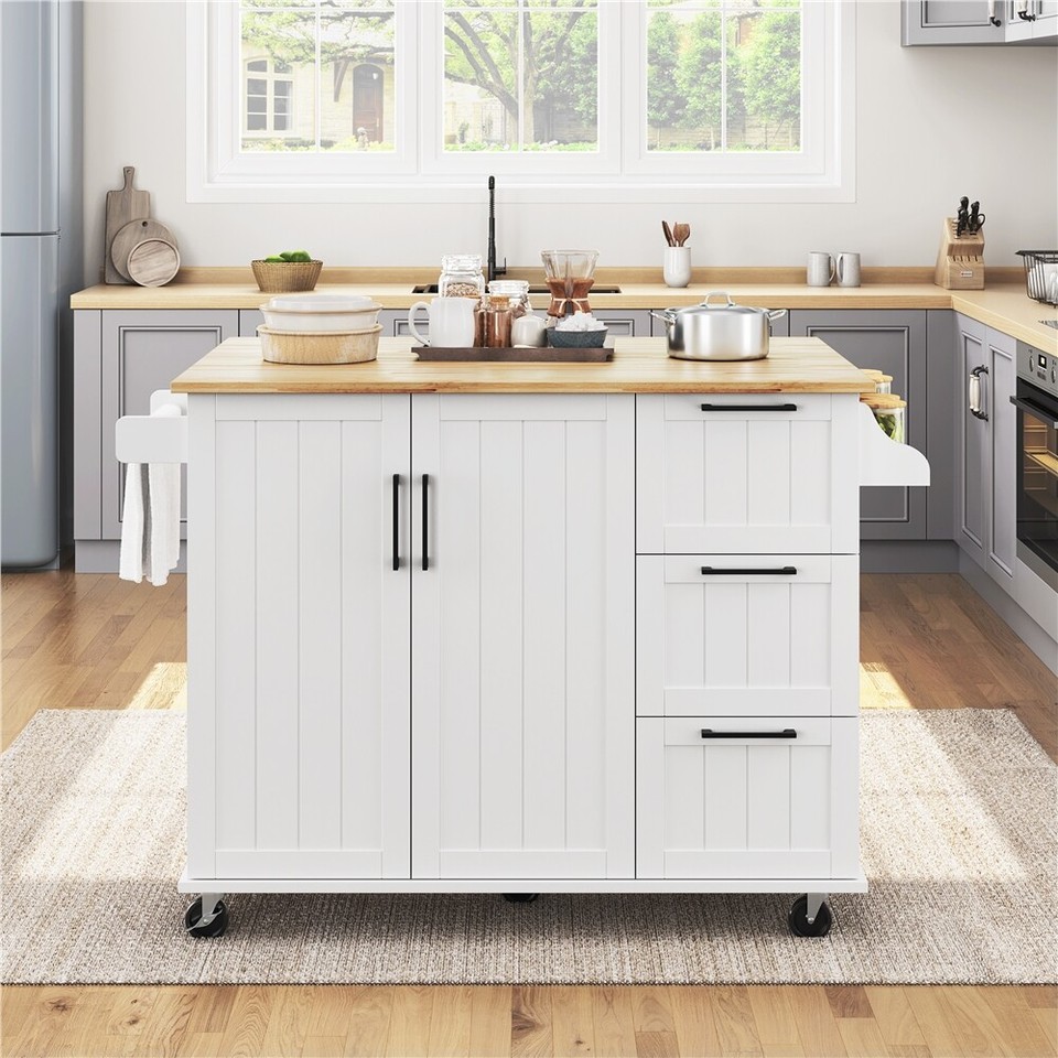 Rolling Kitchen Island w/Drop Leaf Tabletop, Kitchen cart w/3 Drawers ...