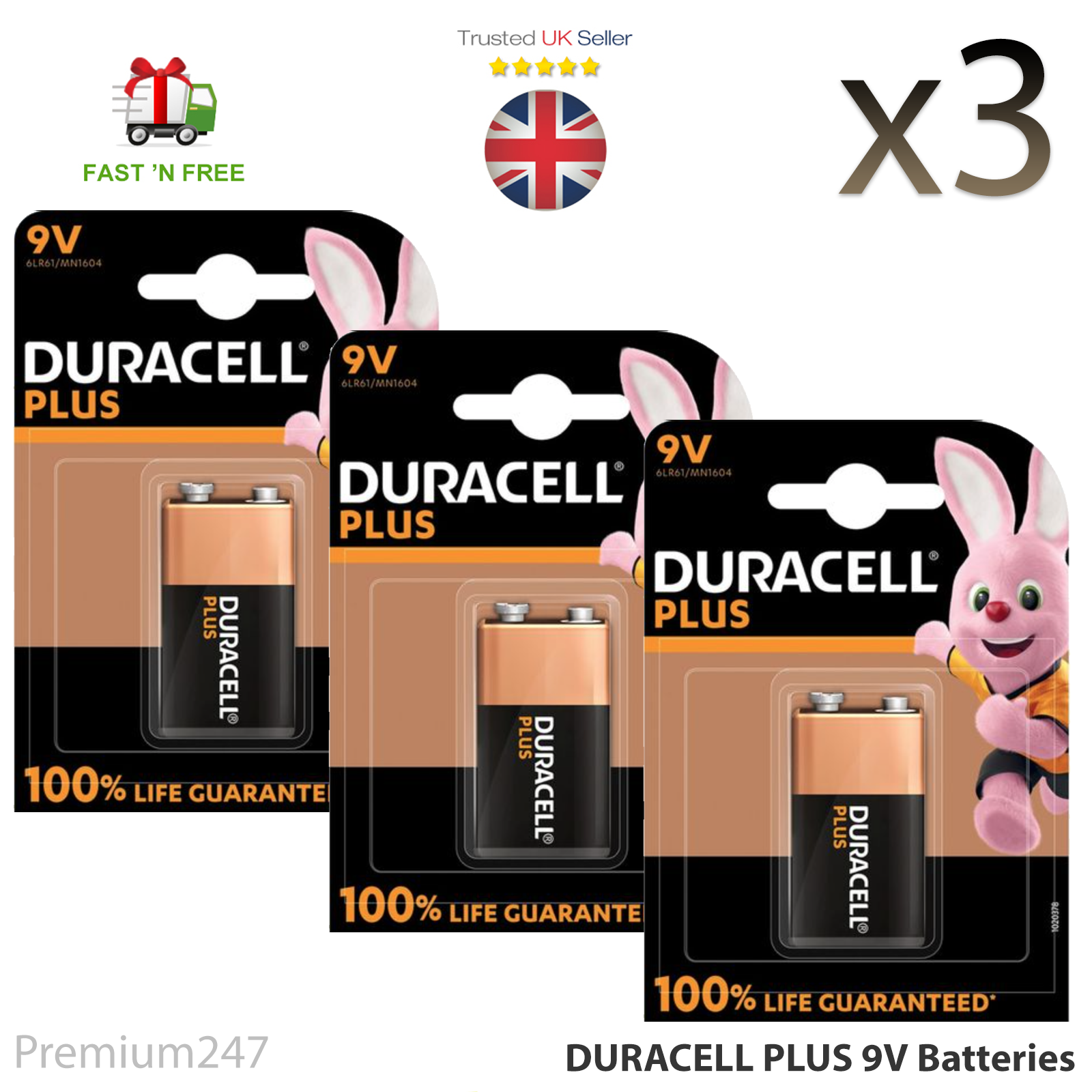 4 x Duracell 9V PP3 Plus Power Batteries Smoke Alarm LR22 MN1604 Long ...