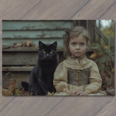 4x6" Girl Black Cat Weird Creepy Pet Old Vibe Unusual Cute Scary ...