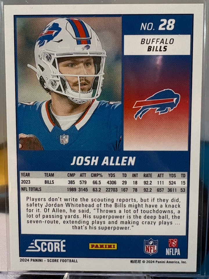 Josh Allen Panini Score 2024 GOLD 16/50 Buffalo Bills [GOLD-ZONE] | eBay