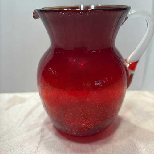 VTG. MID CENTURY RED CRINKLE ART GLASS CLEAR HANDLE PITCHER EUC | eBay