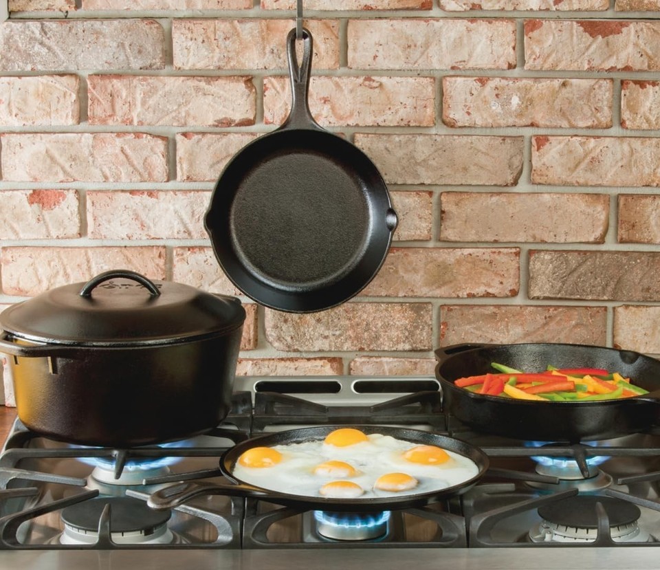 Lodge Cookware Set Black Cast Iron Round Pre-Seasoned Easy-Grip Handles ...