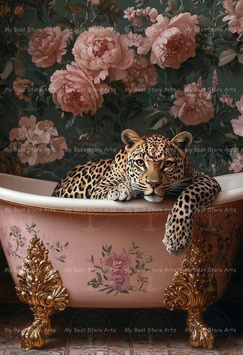LEOPARD BATHTUB ART PRINT, Animal Jungle Big Cat Poster, Bathroom Decor ...