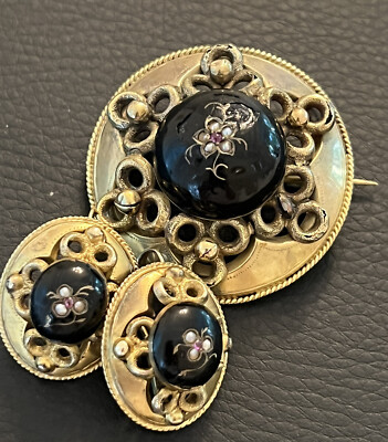 Antique Victorian Large Black Onyx Pearl Ruby Pin Brooch Earrings SET ...