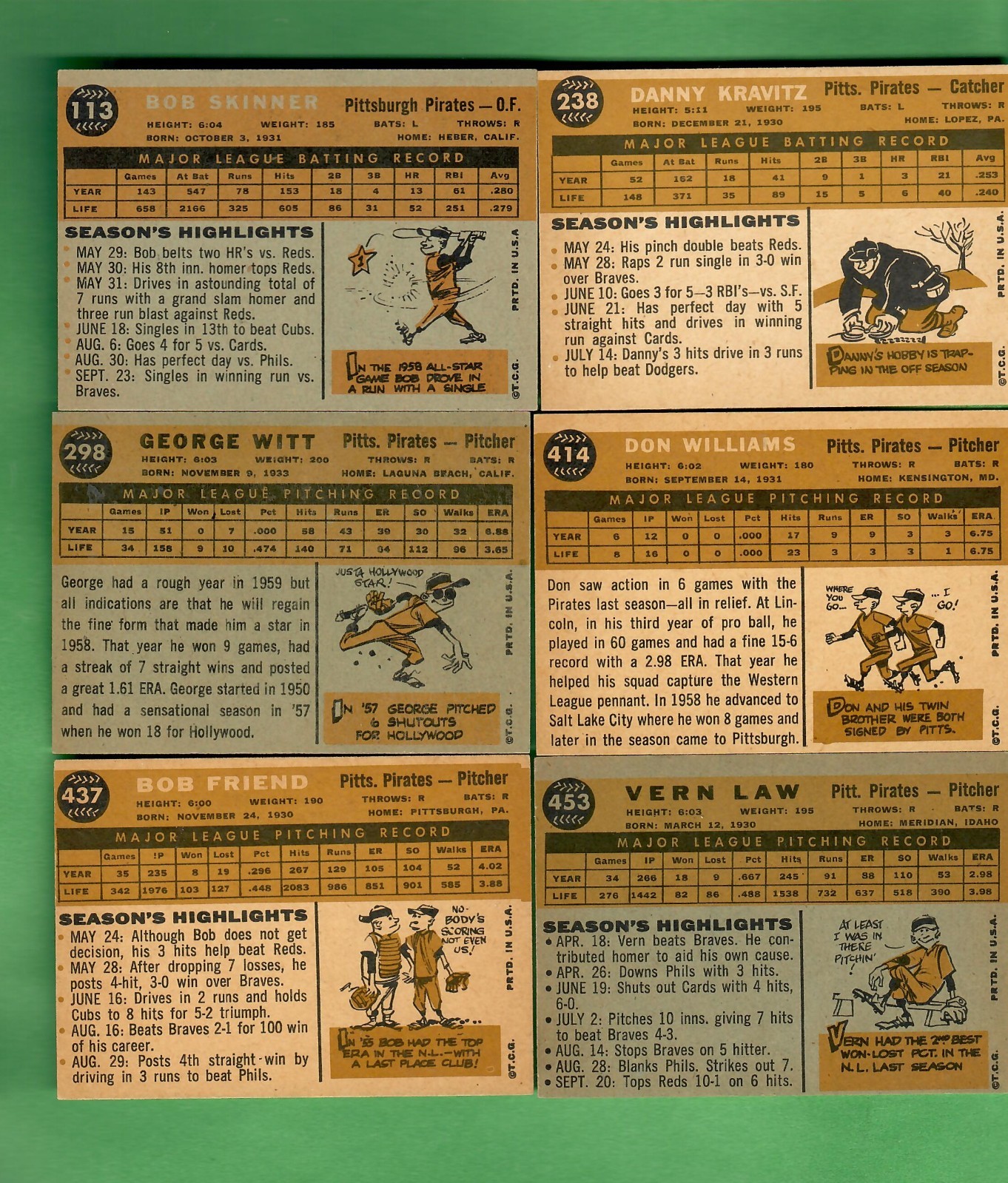 1960 TOPPS - LOT OF 6 - PITTSBURGH PIRATES - #113,238,298,414,437,453 ...
