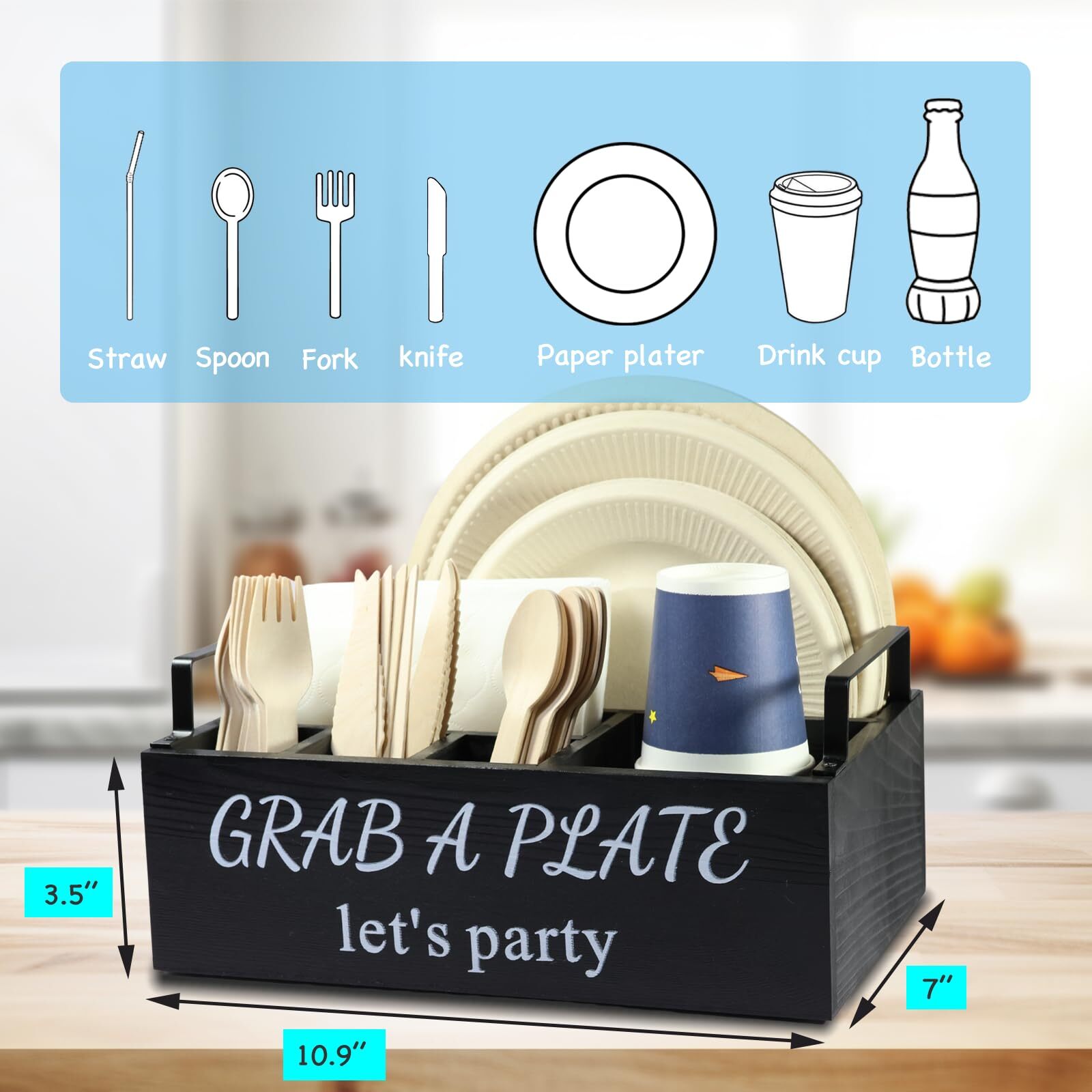 Paper Plate Holder Utensil Caddy Organizer Wood Paper Plate Dispenser ...