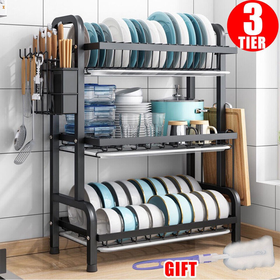 3 Tier Dish Drainer Rack with Drip Tray Cutlery Holder Plate Rack ...