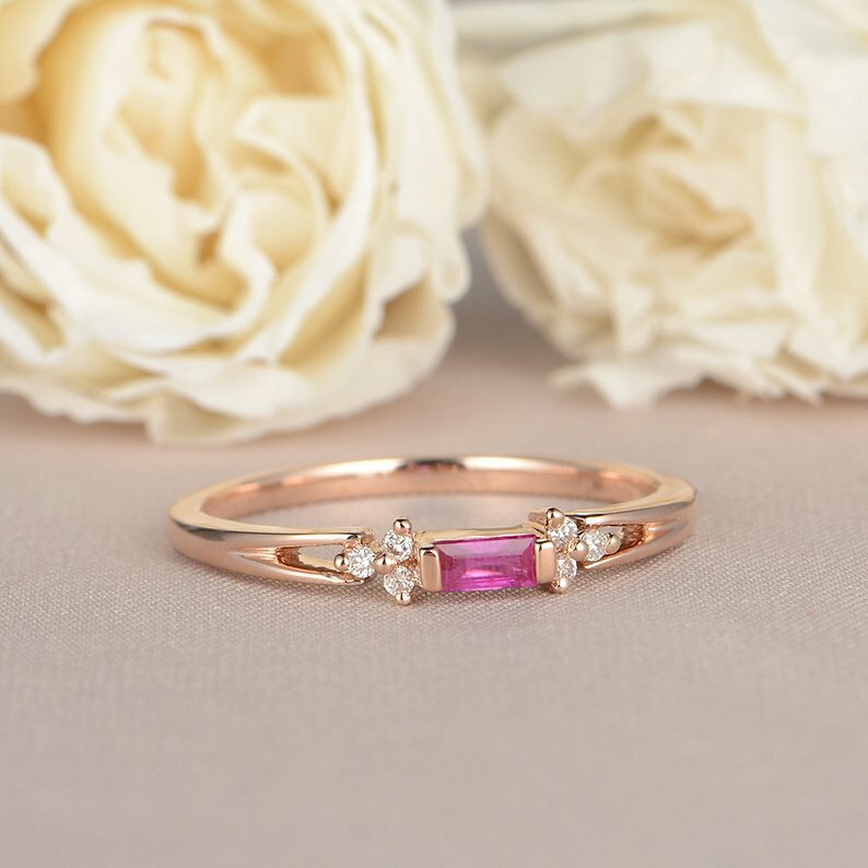 1ct Lab-Created Pink Ruby Engagement Ring Petite Minimalist Rose Gold ...