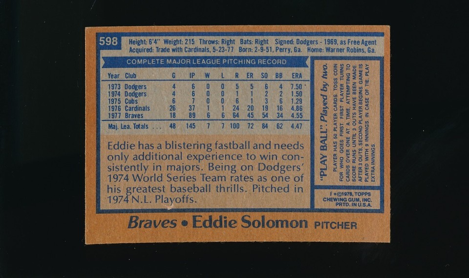 1978 Topps #598 Eddie Solomon * Pitcher * Atlanta Braves * NM * | eBay