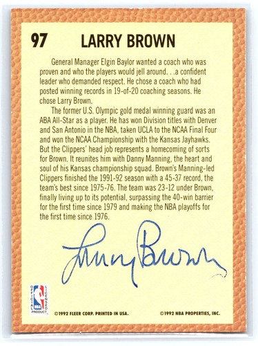 Larry Brown HOF Signed Autographed Card 1992-93 Fleer #97 | eBay