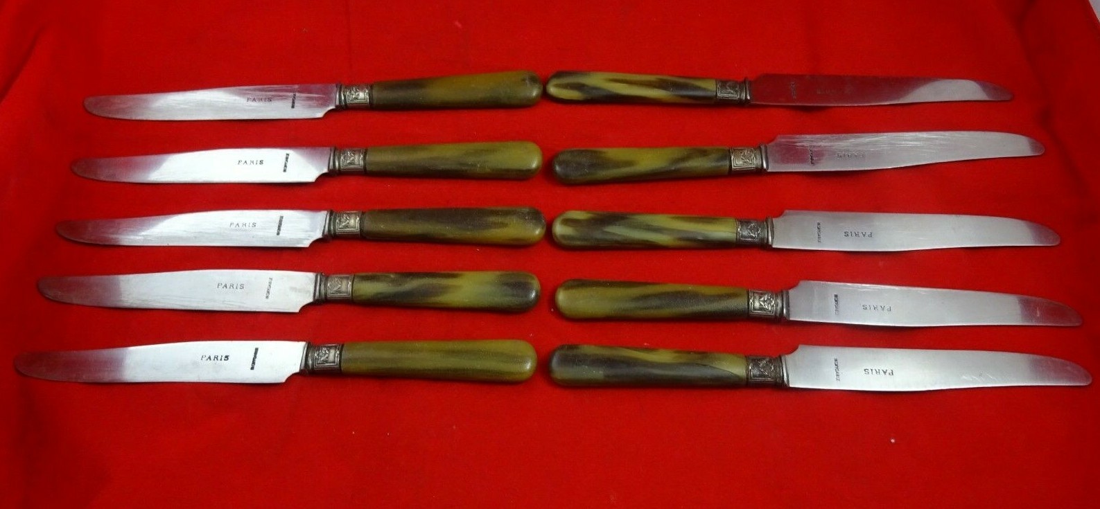 10 Paris Knives / Stainless Blade with Bone Handle and Sterling Band ...