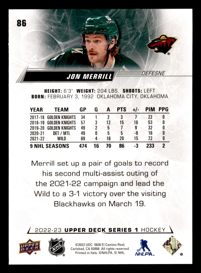 2022 Upper Deck Jon Merrill #86 Minnesota Wild | eBay