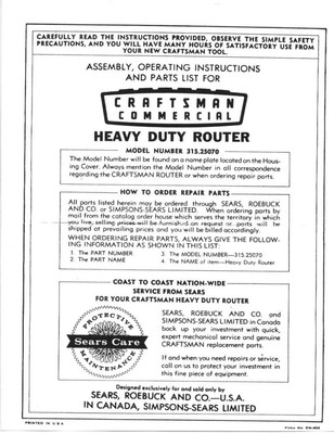 Craftsman Heavy Duty Router. Model No. 315.25070 Instructions | eBay