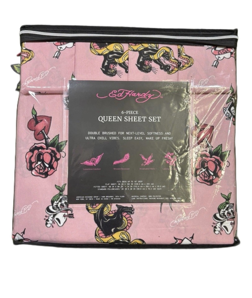 Ed Hardy 6-Piece QUEEN Bedding Sheet Set Pink Graphic Print Y2K Tiger ...