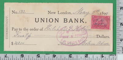 B709 Union Bank check New London, CT Andrew Hobson, George B. Prest tax ...