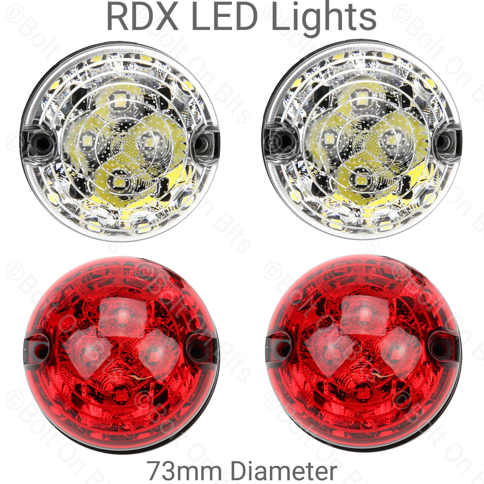 2 RDX LED 73mm Front Side Lights & 2 Red Stop Tail Lights Kit Defender ...