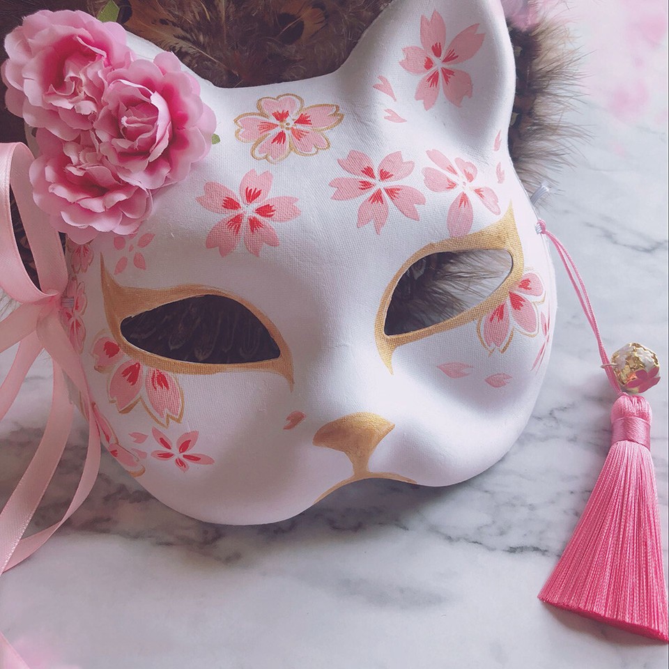 Japanese Hand-Painted Half Face Fox Kitsune Mask Cosplay Halloween ...
