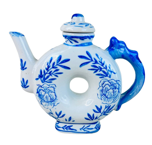 Vtg Chinoiserie Donut Teapot Blue White Porcelain China tea pot | eBay