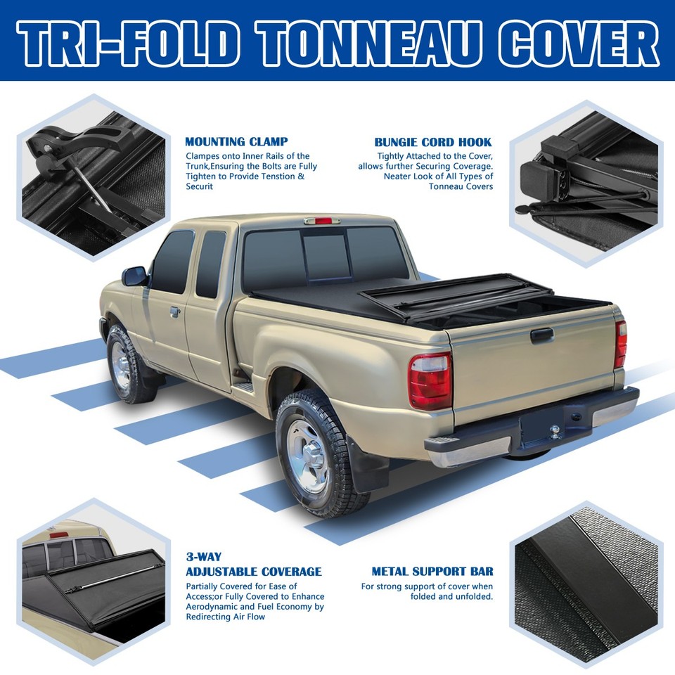 For 93-04 Ranger 6' Flareside Bed Vinyl Soft Tri-Fold Tonneau Cover w ...