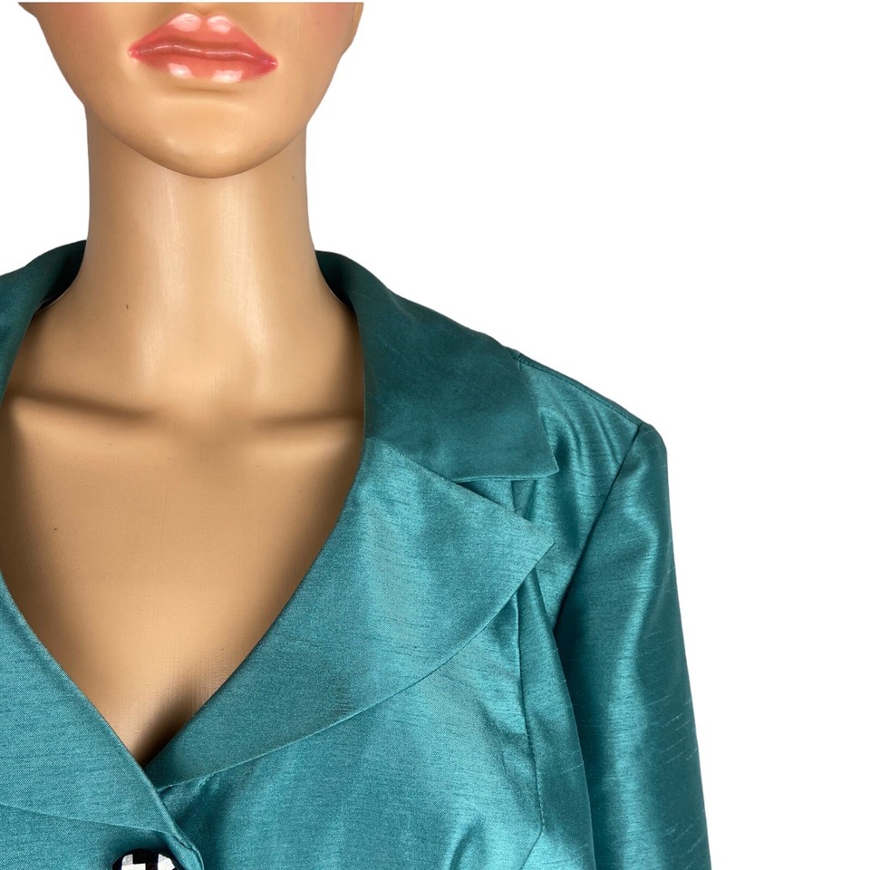 Dana Kay Teal Blue 3 Button Satin Gray Trim Cuff Work Jacket Blazer ...