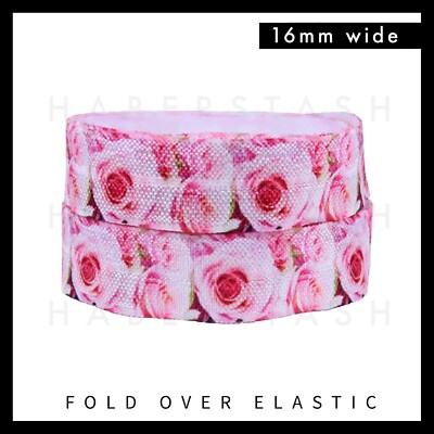 Pink Roses Fold Over Elastic FOE 5/8" 16mm per metre Realistic Floral ...