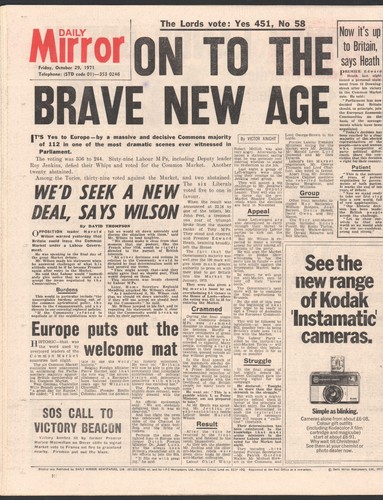 YES TO EUROPE!! UK’s entry into Europe RARE NEWSPAPER Daily Mirror 29 ...