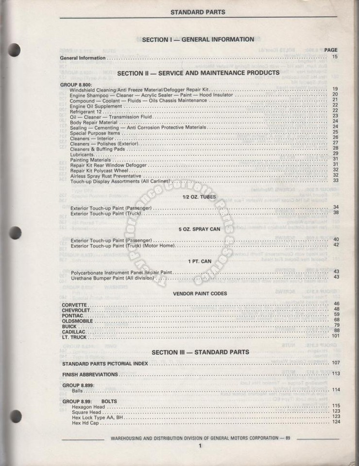 1985 Chevrolet Pontiac Oldsmobile Buick Cadillac GMC Standard Parts ...