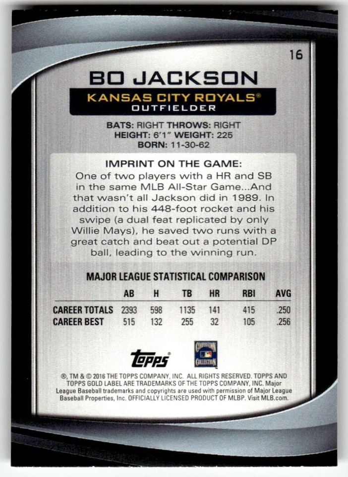 2016 Topps Gold Label #16 Bo Jackson Class 2 Kansas City Royals ...