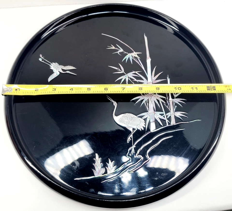 Mother of Pearl Inlaid Serving Tray Lacquered Round Stork Bamboo | eBay