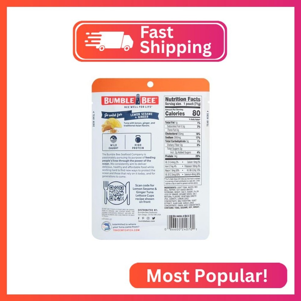 Bumble Bee Lemon Sesame & Ginger Seasoned Tuna Pouch - Wild Caught and ...