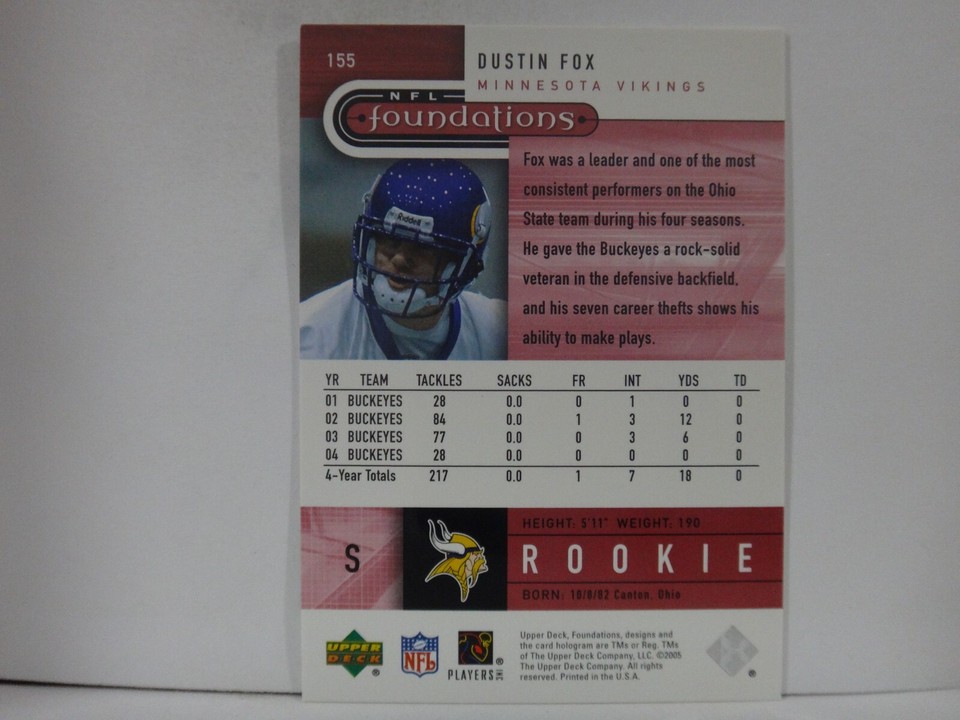 2005 Upper Deck NFL Foundations /399 Dustin Fox #155 Rookie RC | eBay