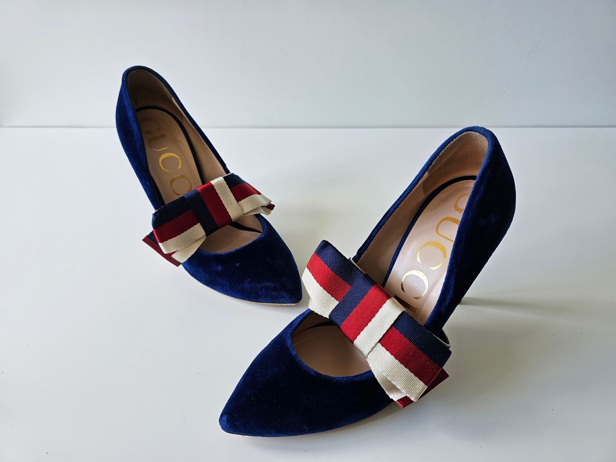 Gucci Sylvie Web Removeable Bow Blue Velvet Heel Pumps Heels Gucci Sylvie Web Removeable Bow Blue Velvet Heel Pumps Heels