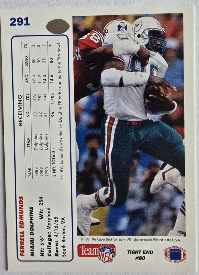 Ferrell Edmunds, 1991 Upper Deck, Miami Dolphins, Tight End, Card # 291 ...