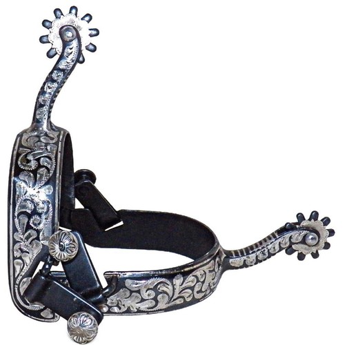 Engraved Floral Black Steel Offset Spurs with German Silver Trim 10 ...