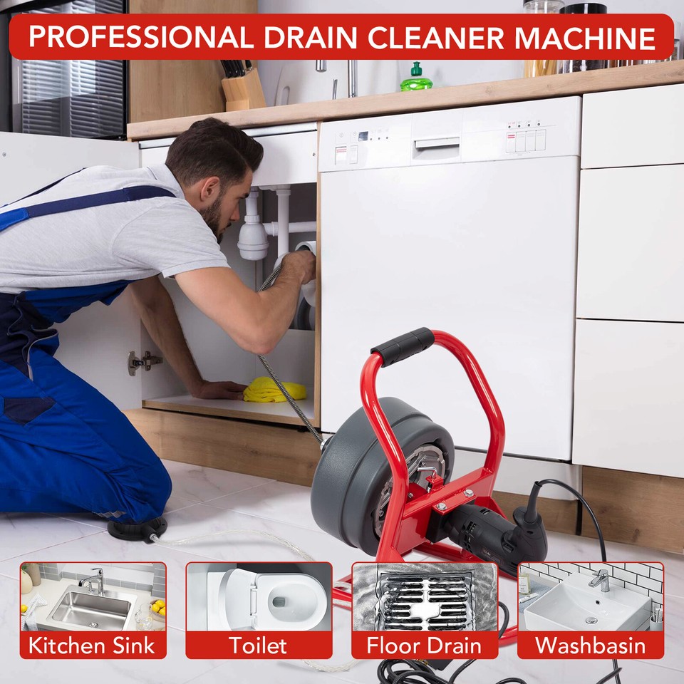 50FT 5/16" Drain Cleaner Electric Sewer Snake Cleaning Machine W ...
