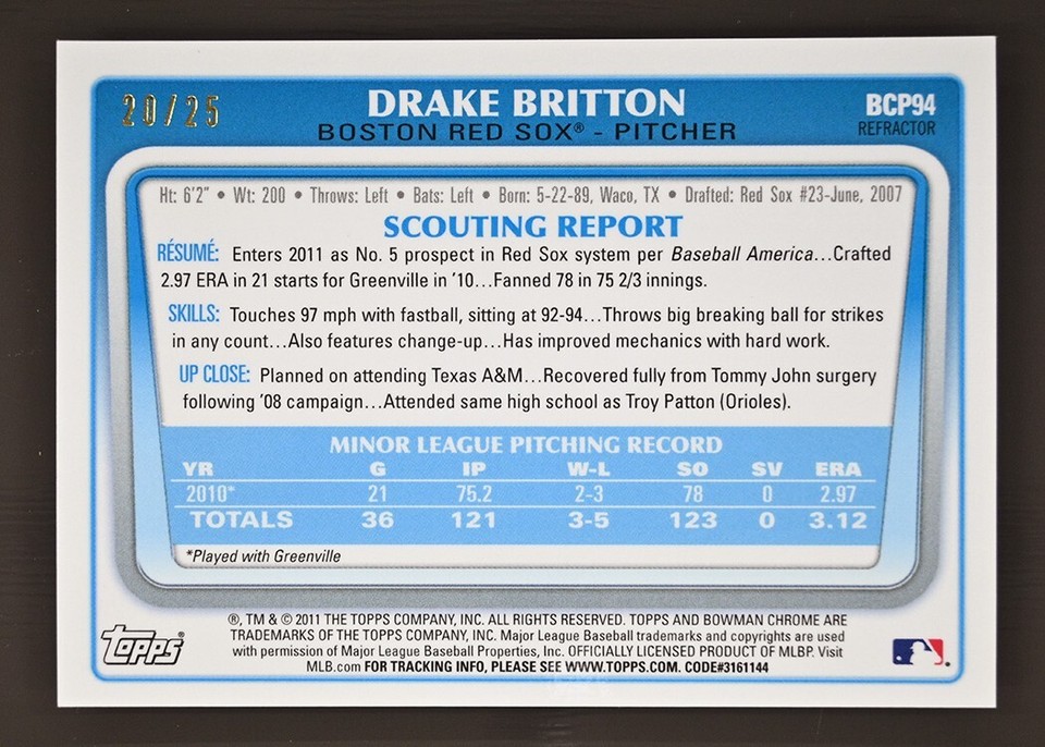 2011 Bowman Chrome #BCP94 Drake Britton /25 Orange Refractor 1st Bowman ...
