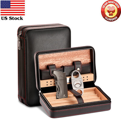 Black Cedar Wood Leather Cigar Humidor Case Cutter 1 Jet Torch Lighter ...