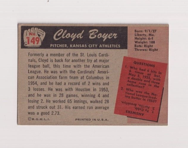 CLOYD BOYER 1955 BOWMAN BASEBALL VINTAGE CARD #149 KANSAS CITY ...
