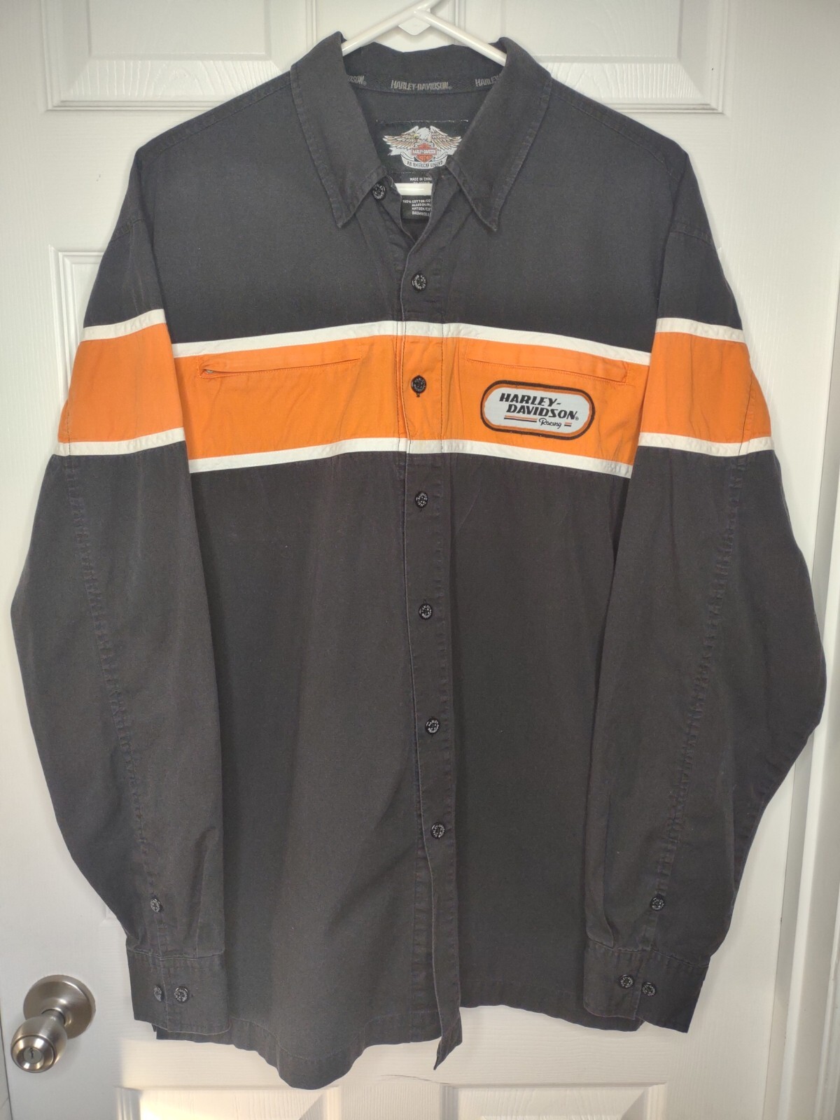 Harley Davidson Racing Button Front Black Orange Lon… - Gem