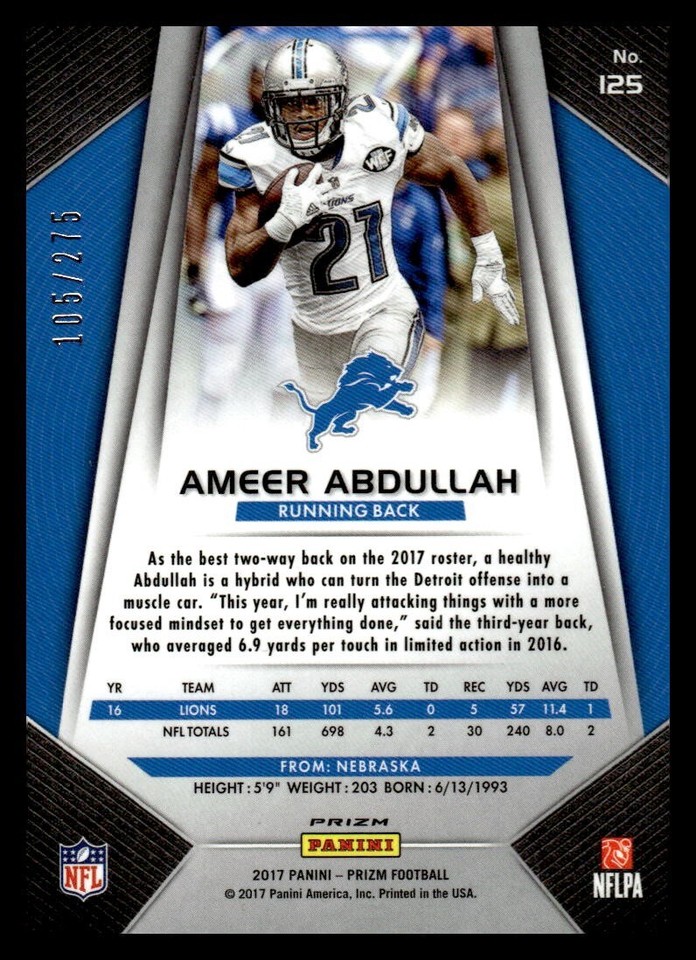 2017 Panini Prizm Orange Ameer Abdullah #125 (106/275) | eBay