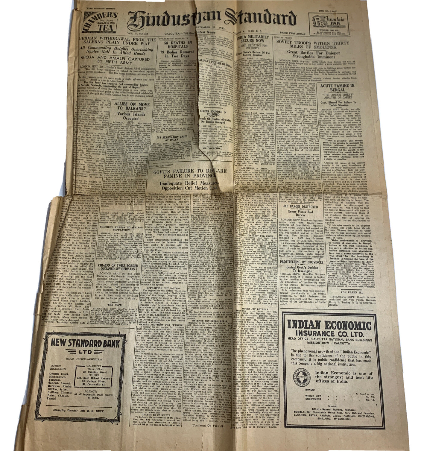 Hindusthan Standard Calcutta Newspaper September 21 1943 | eBay