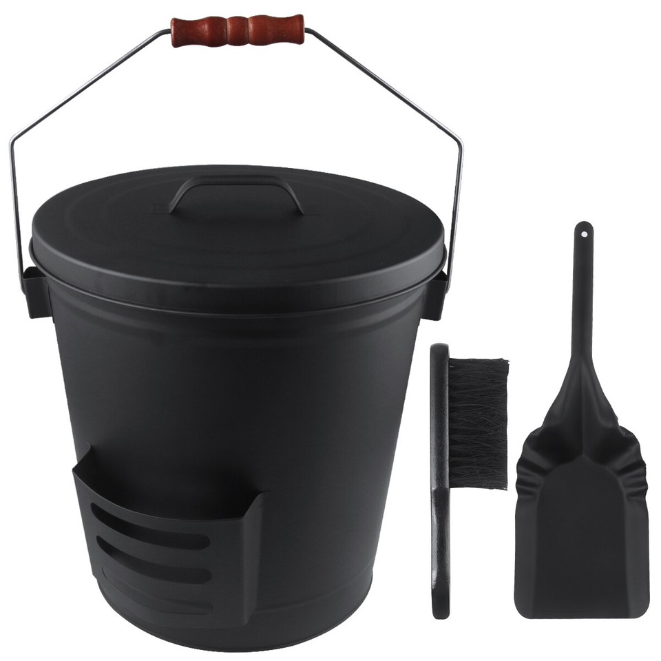 Steel Ash Bucket with Lid Shovel Brush,Firewood Carrier Bag,5Pcs ...