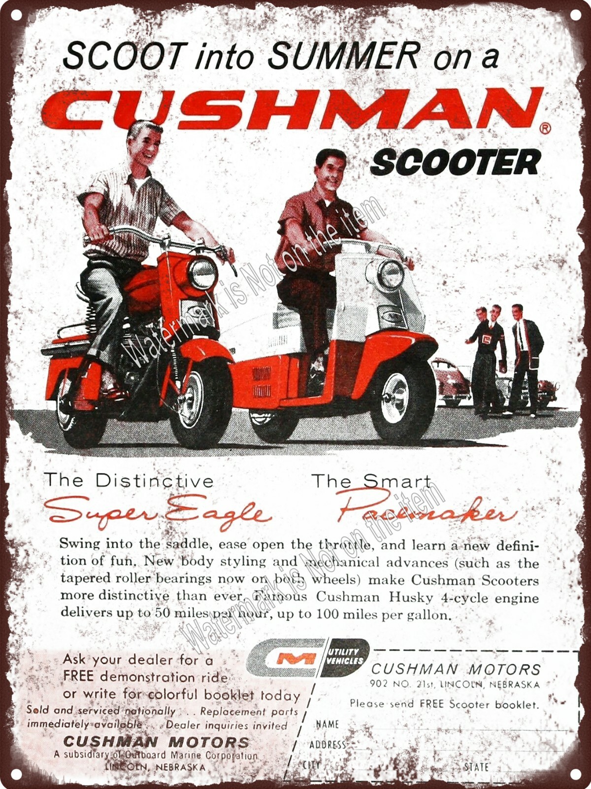 1959 CUSHMAN SUPER EAGLE & PACEMAKER Scooter Metal Sign 9x12" A170 | eBay
