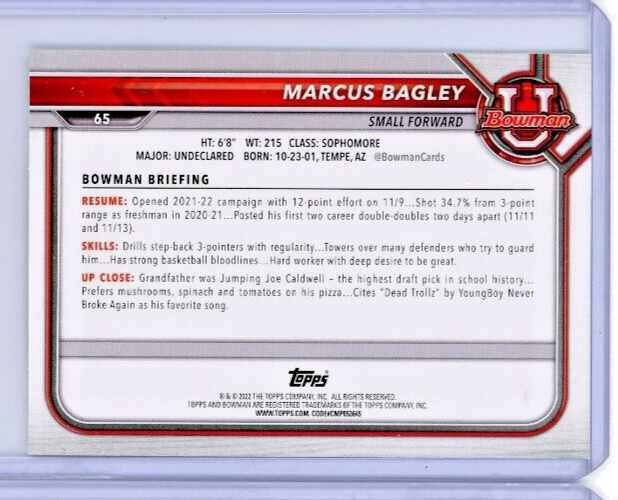 2021-22 Bowman University #65 Marcus Bagley RC - Arizona State - MINT ...